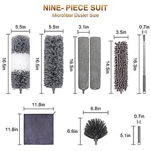 DEEHYO Microfiber Duster, 9PCS Extendable Feather Duster (Stainless Steel) 30 to 100 Inches, Reusable Bendable Dusters, Washable Dusters for Cleaning Ceiling Fan, High Ceiling, Blinds, Furniture, Cars