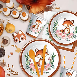 Xenorik Fox Birthday Party Supplies Tableware - Fox Baby Shower Decorations Dinnerware, Paper Plate, Cup, Napkin, Disposable Cutlery, Woodland Creatures Forest Animal Fox Party Supplies | Serve 24