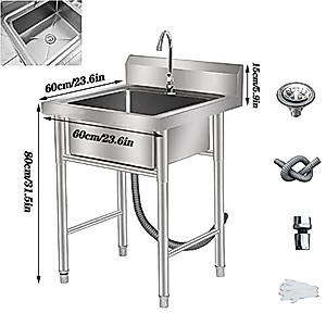 Commercial Sink 304 Stainless Steel Utility Commercial Grade Laundry Tub Culinary for Outdoor Indoor Garage Kitchen Laundry Utility Room (50cm/60cm)