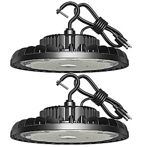 SHINEWOO LED High Bay Light 150W 21,000lm 5000K Daylight 600W MH/HPS Equivalent with US Plug 5’ Cable Waterproof UFO Commercial Warehouse Workshop Garage Factory Area Lighting Fixture, 2 Pack