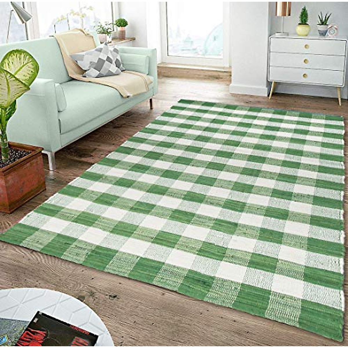 GLAMBURG Cotton Reversible Area Rug 3' x 5' Farmhouse Floor Mat, Handwoven Washable Carpet Checkered Plaid Rug for Front Porch Living Room Kitchen Bedroom - Green White