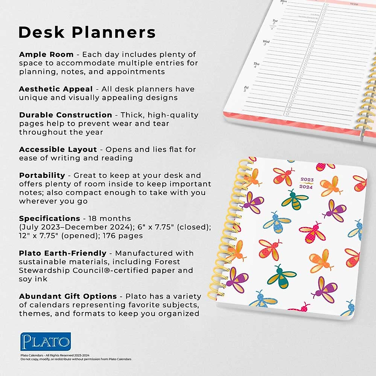 Busy Bees | 2024 6 x 7.75 Inch 18 Months Weekly Desk Planner | Foil Stamped Cover | July 2023 - December 2024 | Plato | Planning Stationery