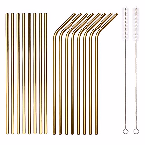 18 Piece Gold Stainless Steel Straws, 8.5 '' Reusable Drinking Straws,with Portable pouch,Suitable for wine and cold drinks (8 Straight/8 Bent/2 Brushes)