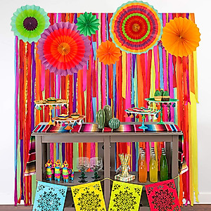 Mexican Fiesta Theme Party Backdrop with Fiesta Paper Fans, Mexican Fiesta Cinco De Mayo Party Decorations Streamer Backdrop for Taco Party Wedding Bridal Baby Shower Birthday Supplies
