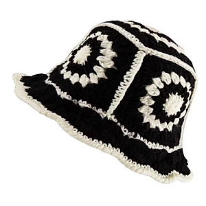 Crochet Bucket Hat for Women Crochet Hat Handmade Knitted Hat Foldable Floral Crochet Beanie Hat for Women Girls Outdoor Black/White