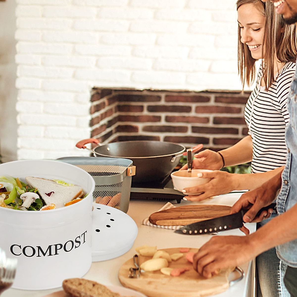 AVLA Compost Bin Kitchen Countertop, 1 Gallon Composter Pail, Food Waste Composting Bucket, Odorless Trash Keeper Container, White Scraps Caddy with Charcoal Filter, Carrying Handle, Lid