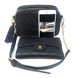 lola mae Quilted Crossbody Bag, Trendy Design Shoulder Purse (Black)
