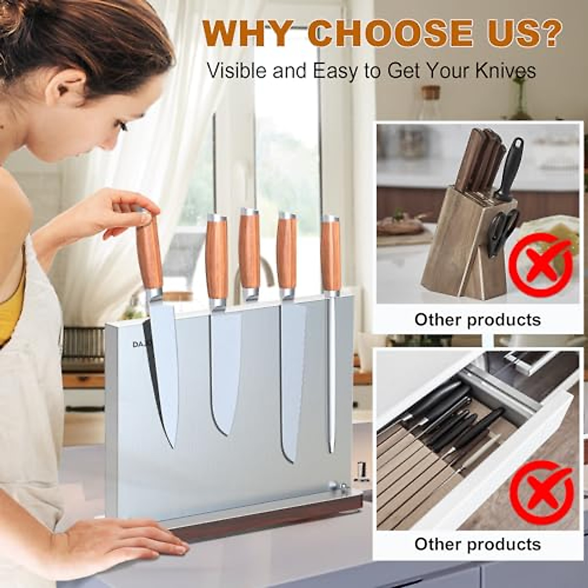 Magnetic Knife Holder Stand Block: Double Sided Magnetic Knife Holder Without Knifes Stainless Steel Knife Display Storage Rack for Kitchen Counter with Strong Enhanced Magnet and Wood Base - Silver