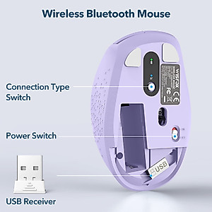 WisFox Bluetooth Mouse, Silent Wireless Mouse Come with 2 Modes (Bluetooth 3.0/5.0 + USB), Multi-Device Portable Cordless Mouse for Laptop, iPad, MacOS, PC, Windows, Android (Purple)