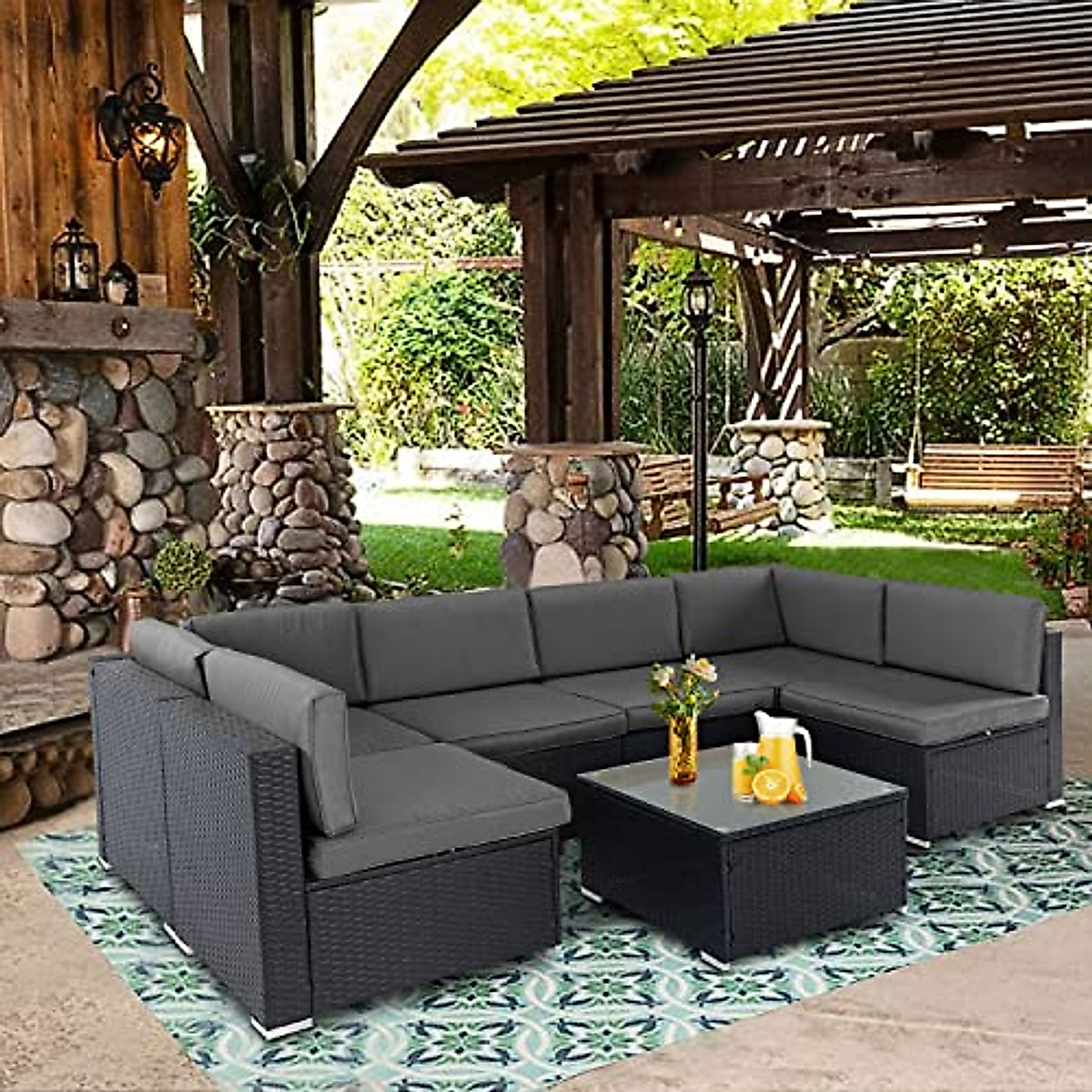 SUNCROWN 7-Piece Outdoor Patio Furniture Sofa Set All-Weather Wicker Sectional Conversation Set with Modern Glass Coffee Table and Cushions (Grey)