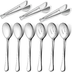 LIANYU 3 Large Serving Spoons, 3 Slotted Serving Spoons, 3 Serving Tongs, 9.8 Inch Stainless Steel Buffet Banquet Catering Serving Spoons Set, Dishwasher Safe