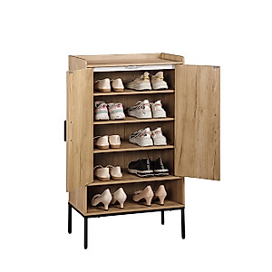 Kavonty Shoe Cabinet with Rattan Doors, 5-Tier Shoe Storage Cabinet with Open Shelves,Wooden Shoes Rack Organizer, for Entryway Hallway Closet Bedroom, Natural