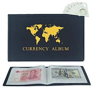 Paper Money World Currency Collection Album Book Binder,40 Pockets Dollar Holders Sleeves for Protector/Collector (Large Currency Album Binder)