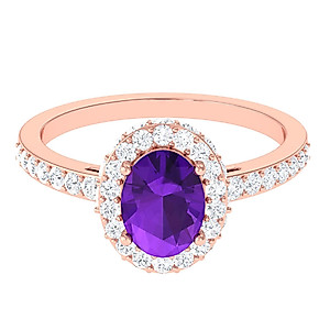 Natural Amethyst 6X8mm Oval Engagement Ring, AAA Quality, Certified Amethyst Moissanite Halo Engagement Ring, 14K Rose Gold, Size:US 7.00