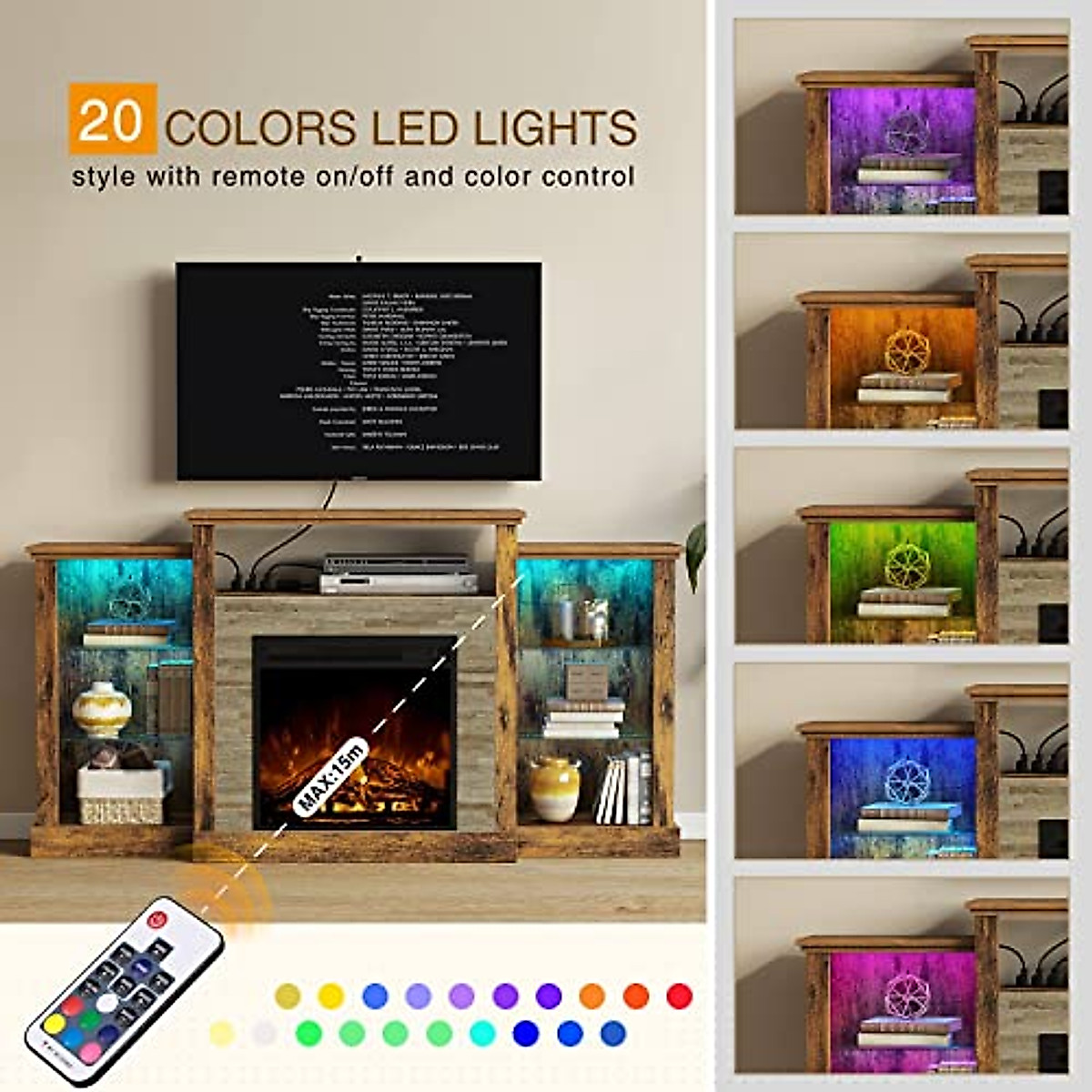 Rolanstar Fireplace TV Stand with Led Lights and Power Outlets, TV Console for TVs up to 65", Entertainment Center with Adjustable Glass Shelves, Rustic Brown