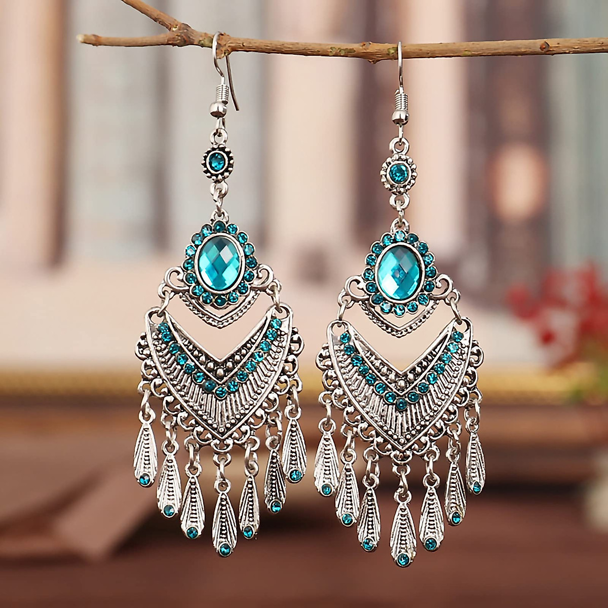 Women Dangle Earrings, 1 Pair Hook Earrings Vintage Ethnic Style Elegant Hollow Delicate Drop Earrings for Travelling Drop Earrings Women Beauty (Colour Name : Green) (Red b)