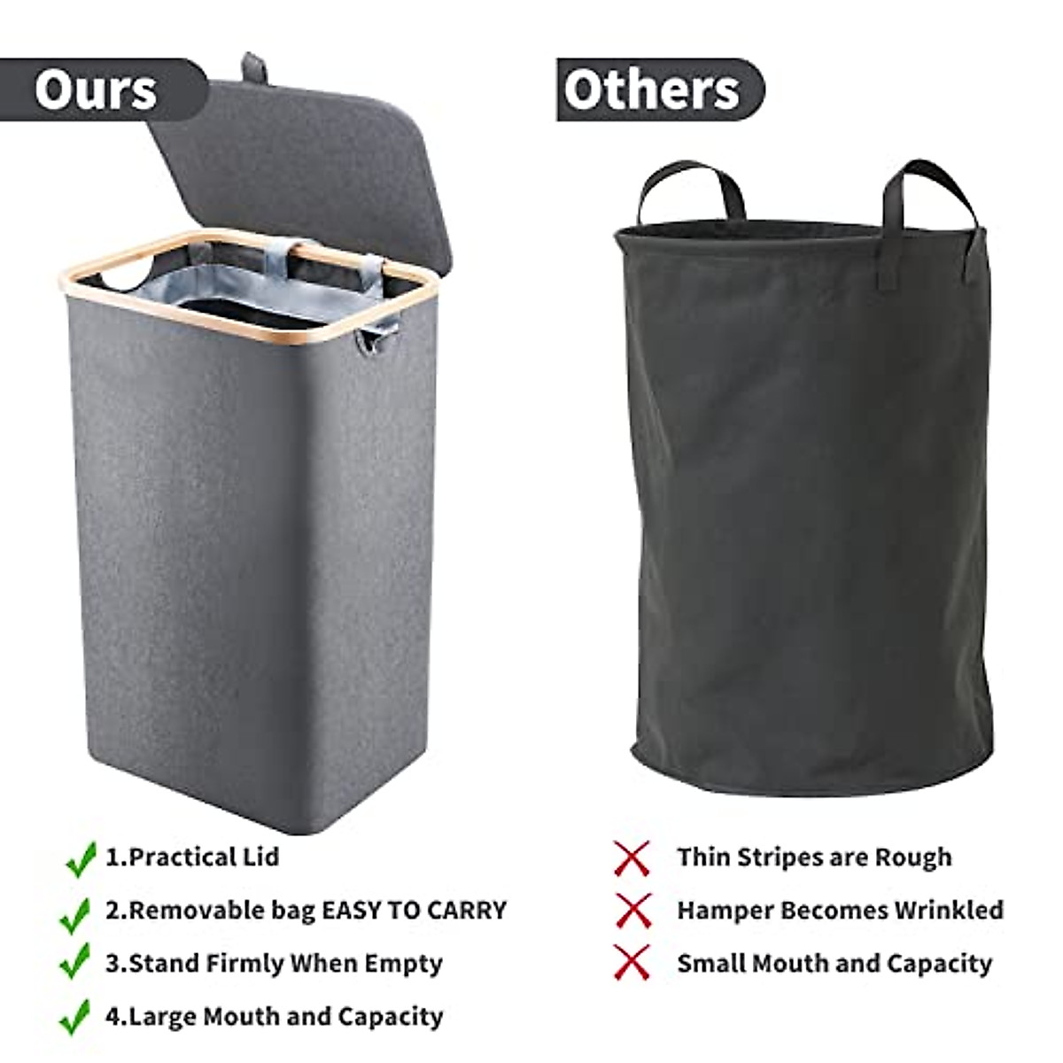 Airrniss Laundry Hamper with lid, 100L Waterproof-Laundry Basket, Collapsible-Tall-Clothes Hamper with Removable-Laundry Bags for Bedroom, Laundry Room, Closet, Bathroom, College Grey