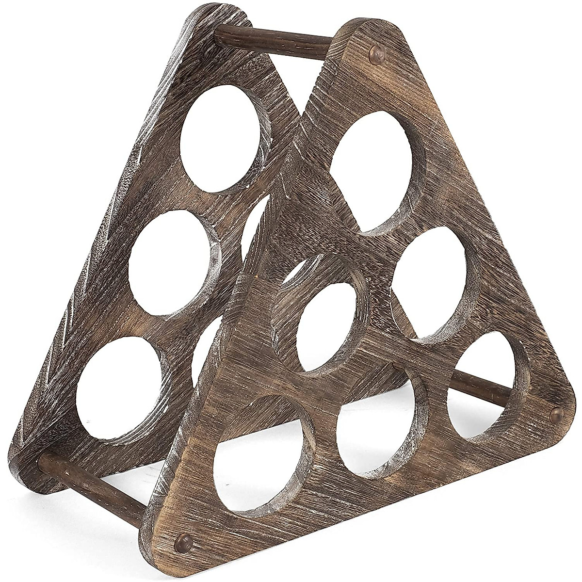 Rustic State Marche Countertop Wood Wine Rack Holder for 6 Bottle Storage Tabletop Triangle Design Freestanding Organizer - Home, Kitchen, Dining Room Bar Décor - Burnt Brown