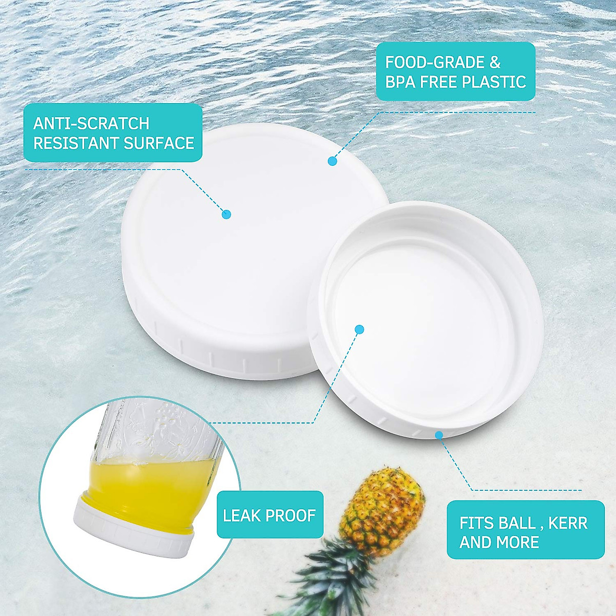 Aozita 16-Pack Plastic Mason Jar Lids with Sealing Rings - Storage Caps for Ball Kerr Canning Jars - 8 Regular Mouth and 8 Wide Mouth Jar Lids - 100% Sealing