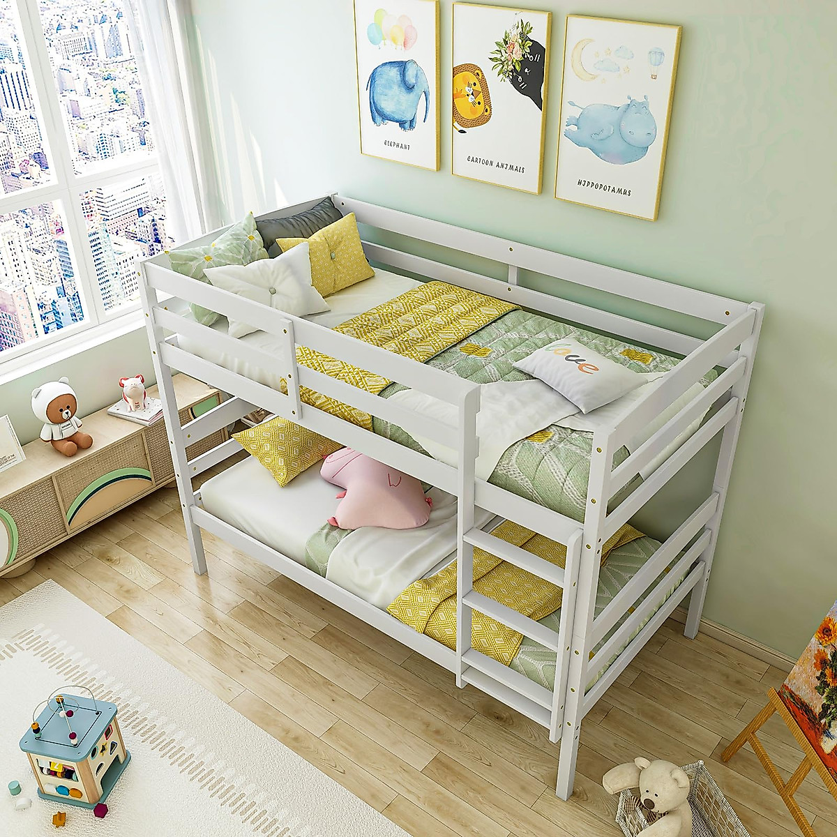 Giantex Bunk Bed Twin Over Twin, Solid Wood Detachable Bed Frame with High Guardrails & Integrated Ladder, Wooden Slatted Bunk Bed for Kids & Teens, No Box Spring Needed, White