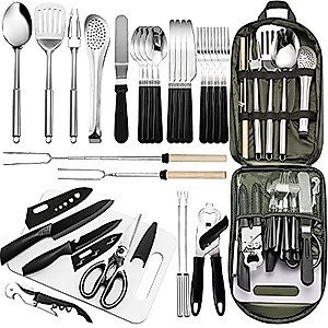 Portable Camping Kitchen Utensil Set-27 Piece Cookware Kit, Stainless Steel Outdoor Cooking and Grilling Utensil Organizer Travel Set Perfect for Travel, Picnics, RVs, Camping, BBQs, Parties and More