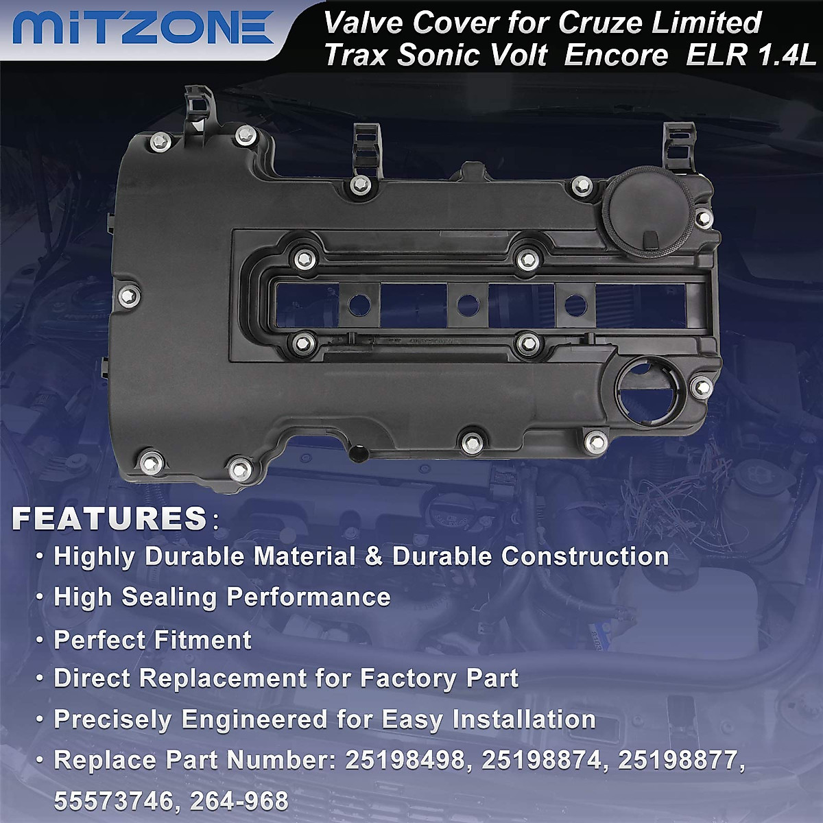 MITZONE Engine Valve Cover Compatible with 2011-2019 Chevy Cruze Sonic Volt Trax Buick Encore Cadillac ELR 1.4L Turbo Replace# 55573746 25198498 264-968