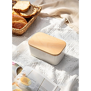 Sweese 303.101 Large Butter Dish - Airtight Butter Keeper Holds Up to 2 Sticks of Butter - Porcelain Container with Beech Wooden Lid, White