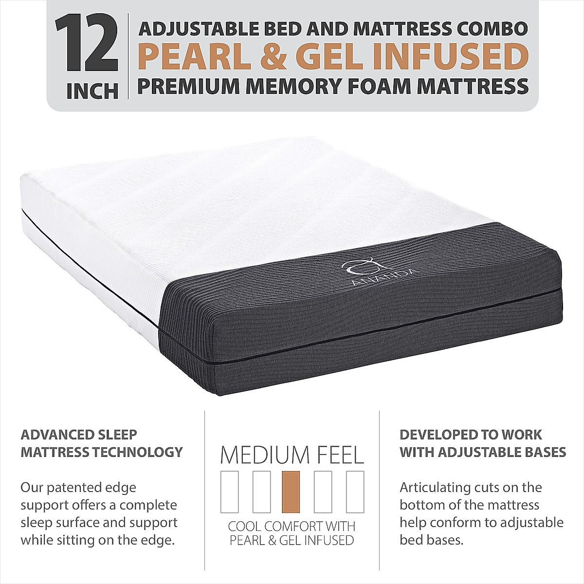 Blissful Nights Ananda 12" Pearl and Cool Gel Infused Memory Foam Mattress with Premium Adjustable Bed Frame Combo, Head Tilt, Massage, USB, Zero Gravity,Anti-Snore … (Split King)
