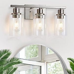 3-Light Bathroom Vanity Light Fixtures, Brushed Nickel Wall Sconce Lighting Modern Wall Light with Clear Glass Shade, Porch Wall Lamp Mounted Lights Over Mirror for Living Room, Bedroom, Hallway