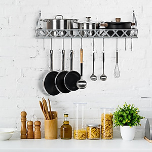 MyGift Wall Mounted Black Metal Kitchen Pots and Pans Storage Rack with Display Shelf Includes 12 Removable S Hooks