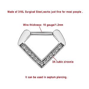 FANSING 16 Gauge Triangle Septum Ring Cubic Zirconia Triangular Septum Jewelry V Shape Septum Clicker 316L Surgical Steel Septum Piercing Rings