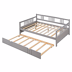 Merax Full Size Daybed Wood Bedframe with Twin Size Trundle and Guardrail for Girs and Boys Bedroom