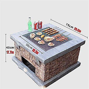 QHYXT Wood Fire Pits Outdoor Imitation Stone Outdoor Firewood Brazier, Backyard Patio Garden Fireplace, BBQ Grill Square Table, with Spark Screen Cover and Poker