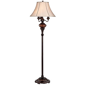 Barnes and Ivy Traditional Standing Floor Lamp Multi 4-Light 63" Tall Antique Bronze Copper Gold Tortoise Glass Font Fabric Bell Shade Candelabra Decor for Living Room Reading House Bedroom