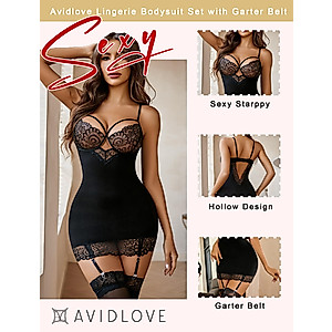 Avidlove Women Lingerie Teddy Bodysuit with Garter Belt Lace Babydoll Full Slips No Stockings