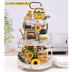 Sunflower Decor - Farmhouse Sunflower Decorations - Rustic Sunflower Tiered Tray Decor - Spring Summer Fall Wooden Signs for Home Kitchen Bathroom Table Bedroom Room Indoor (Tray Not Included)