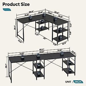 Bestier L Shaped Gaming Desk with Shelves 95.2 Inch Reversible Corner Computer Desk or 2 Person Long Table for Home Office Large Writing Storage Workstation P2 Board with 3 Cable Holes, Carbon Fiber