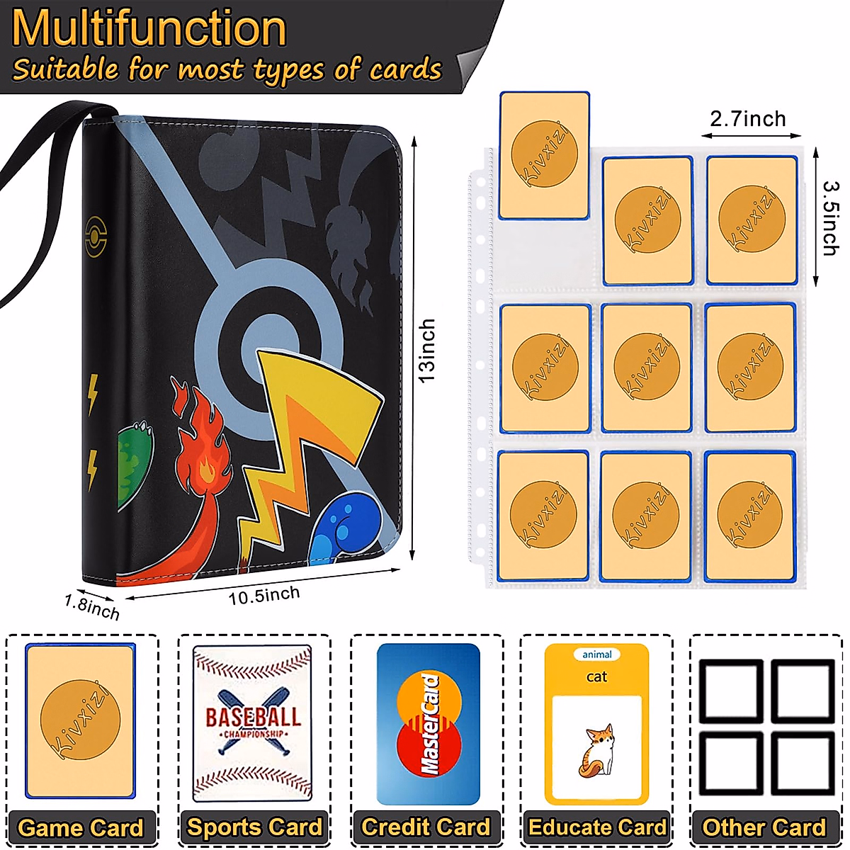 Trading Card Binder Holder, 9 Pocket Card Binder for Cards Fits 900 Cards with 50 Removable Sleeves, Card Collection Binder Album Book Case for Boys Girls Toys