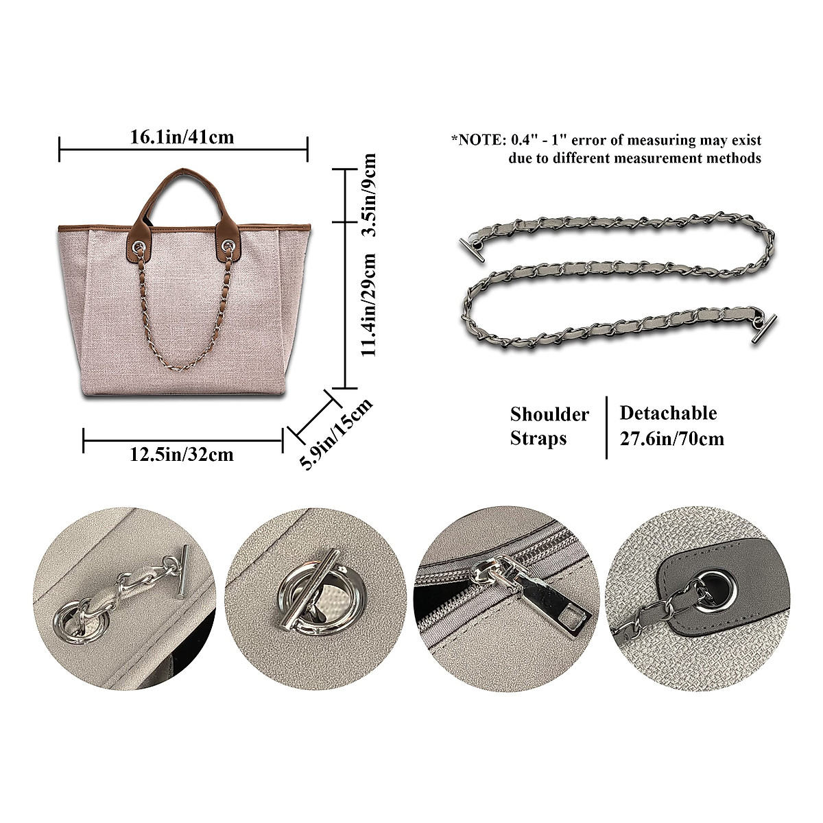 XACKWUERO Women Fashion Classic Canvas Bag Large-Capacity Shoulder Handbag Tote Shopper Bag with Chain Shoulder Strap (Khaki)