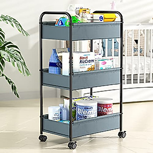 3 Tier Rolling Cart, YASONIC Storage Cart with Handle and Lockable Wheels, Multifunctional Metal Utility Cart with Skin-Friendly Fabric, Easy Assembly, for Kid’s Room, Nursery Room, Classroom, Gray