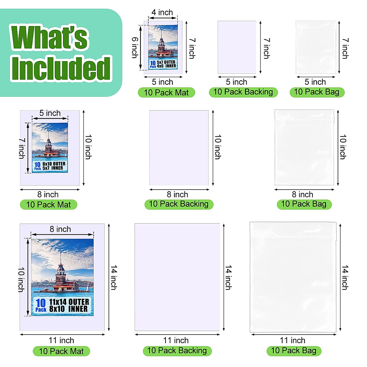 Tenceur 30 Sets Mixed Size Pre Cut Picture Mat Board Kit Includes 30 Picture Frame Mats White Core Bevel Cut Mattes 30 Backing Board 30 Clear Seal Bags for Photo Art Prints Artwork Certificate, 3 Size