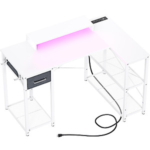 Homieasy L Shaped Desk with Monitor Stand & Drawer, Corner Gaming Desk with LED Strip & Power Strip, Modern Simple Home Office Computer Desk with Storage Shelves, Grey