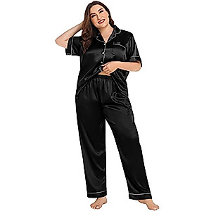 SWOMOG Women's Plus Size Pajamas Silk Satin Pajama Set Short Sleeve Shirt with Full-Length Pants Pj Set Soft Sleepwear 22W Black