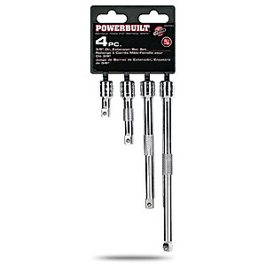 Powerbuilt 4 Piece Extension Bar Set, 3/8 Inch Drive, Socket Extender Bars, 1-3/4, 3, 6, and 8 Inch, Detent Ball, Grease Rings, Non-Slip Grip - 640844