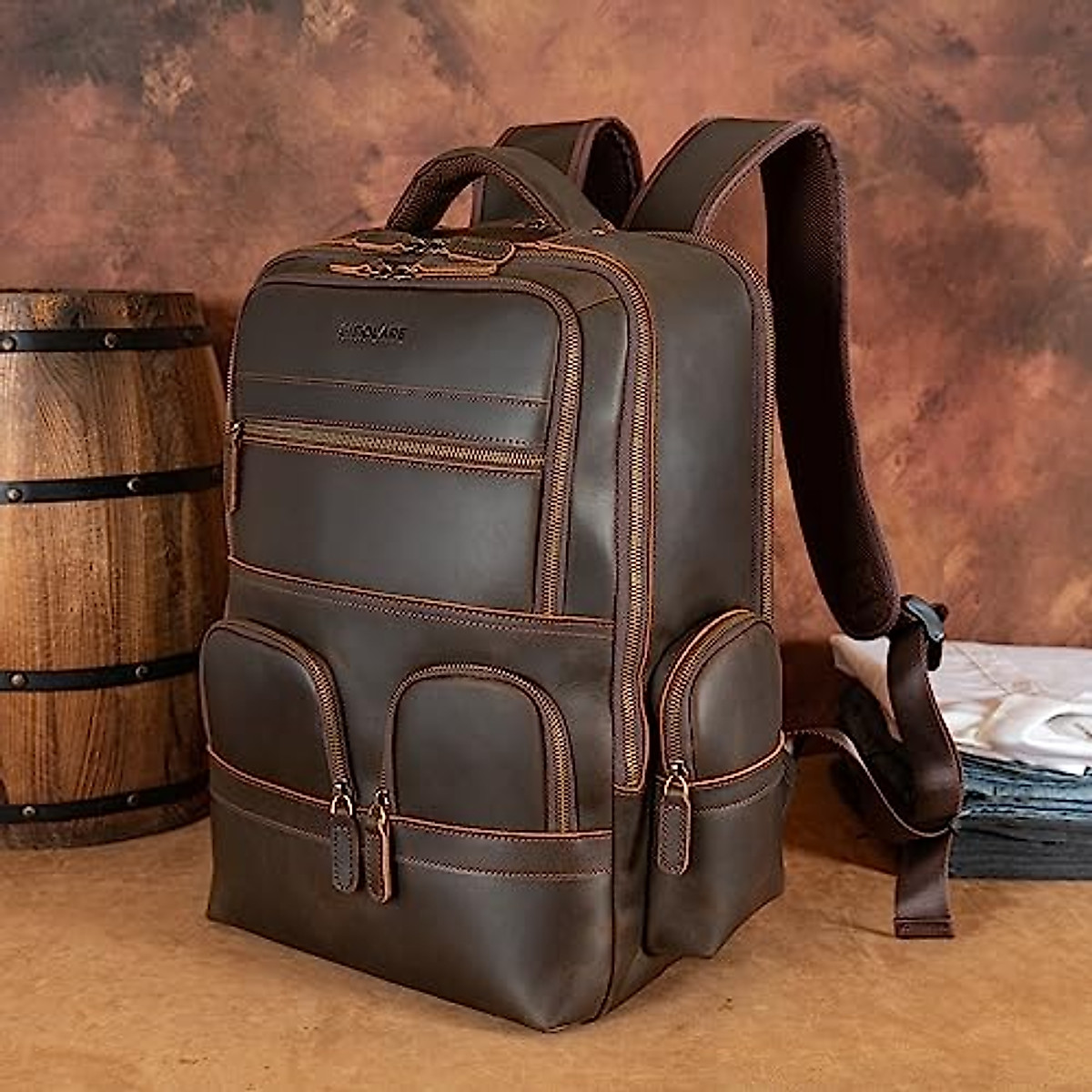 Polare Full Grain Leather 17.3 Inch Laptop Backpack 29L Large Business Overnight Weekender Rucksack Vintage Multi Pockets Travel Computer Bag
