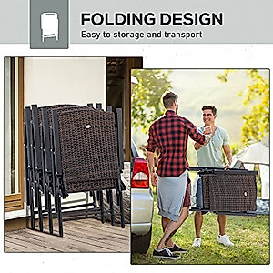 Outsunny PE Plastic Rattan Folding Chair Set, 4 Pack, Outdoor Wicker Seats w/Armrests, Steel Frame, Mixed Brown