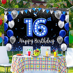 Happy 16th Birthday Backdrop Banner Blue Black Theme Background With Blue Neon Light Shiny Fashion Birthday Party Photo Photography Prop Booth Background for Boys Girls Celebration 70.8x47.2in-BECKTEN