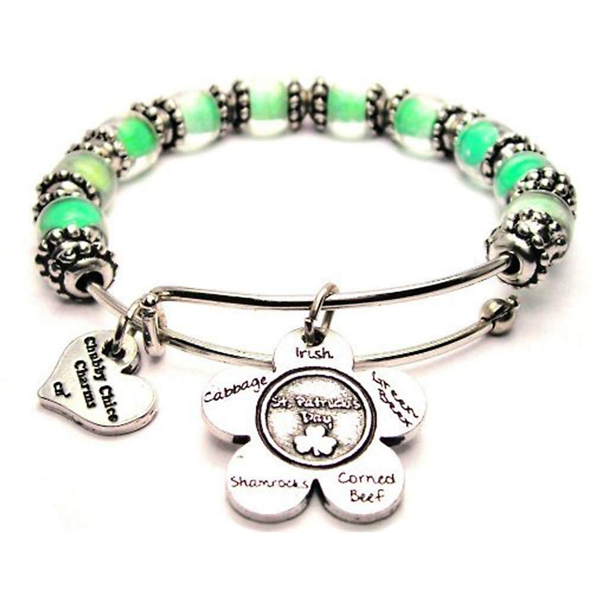 ChubbyChicoCharms St Patricks Day Flower Lime Green Glass Beaded Bangle Adjustable Bracelet