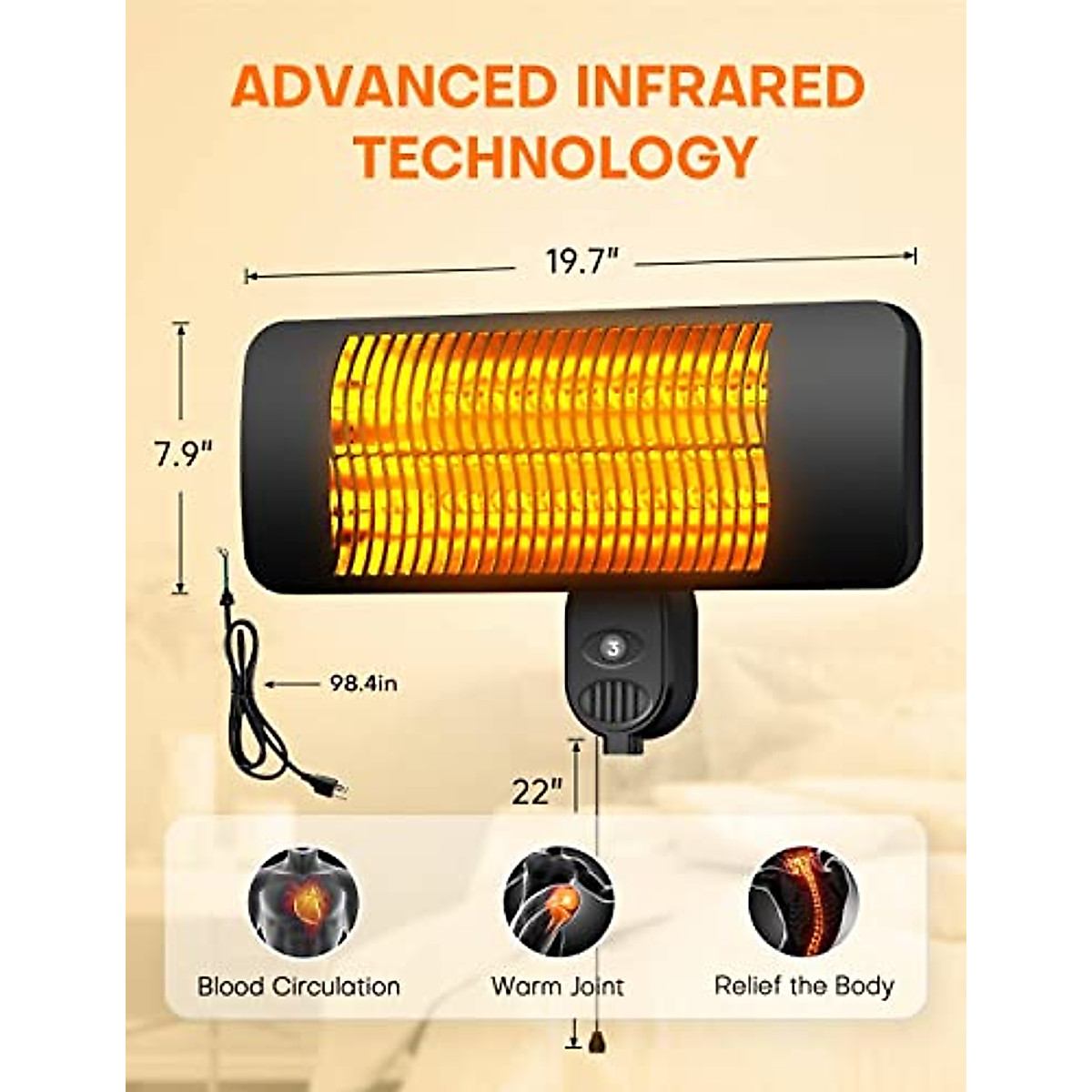 Electric Patio Heater, 1500W Waterproof Outdoor Heaters for Patio, Fast Heating Electric Infrared Heater w/Overheat Protection, 3 Heating Mode Wall Mounted Garage Heater for Outdoor/Indoor Use, Pets