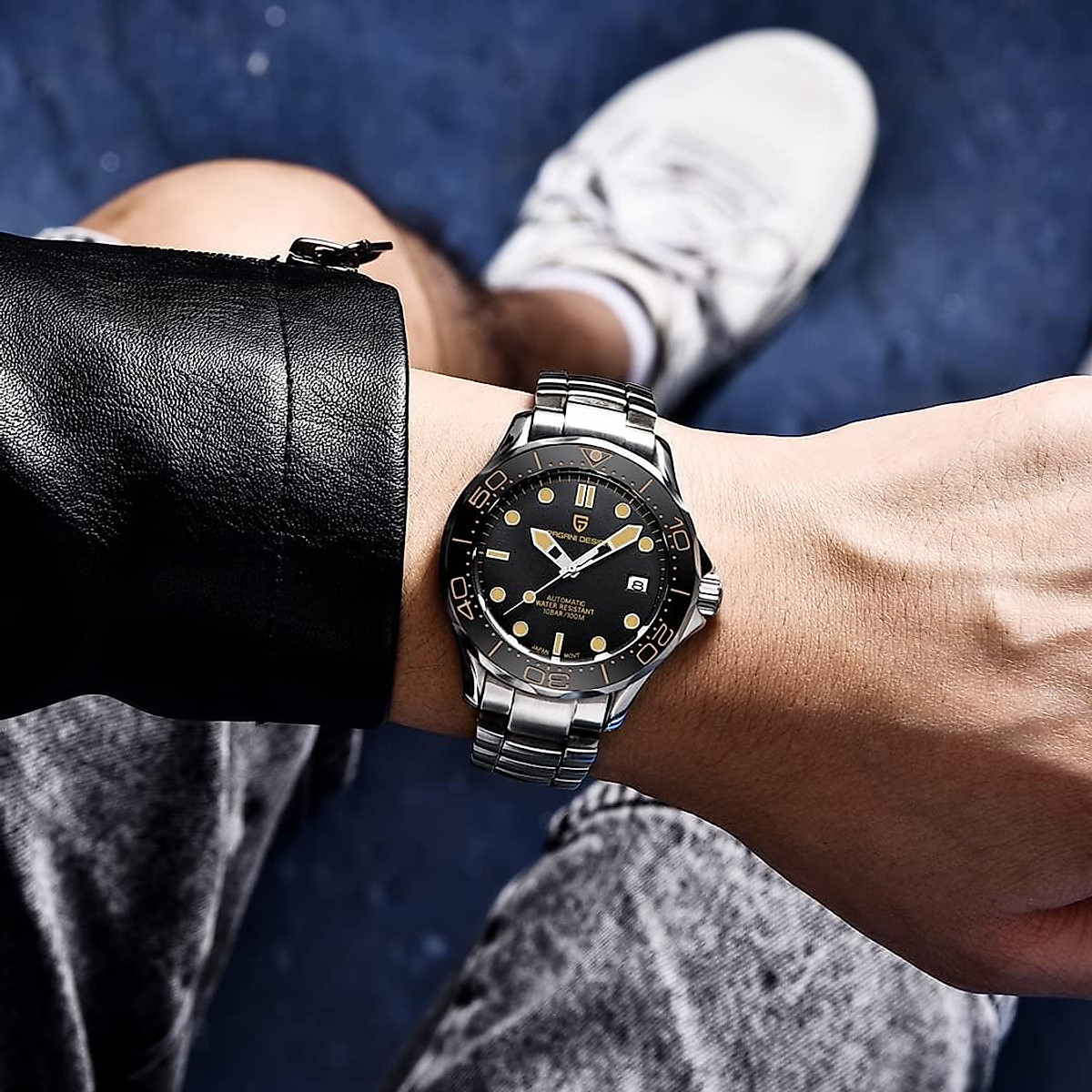 RollsTimi Pagani Design Men's Automatic Watch, Men's Automatic Diver's Watch, Stainless Steel, Rotating Ceramic Bezel Japan Imported Movement, Sapphire Mirror Waterproof Mechanical Watch. (Black)